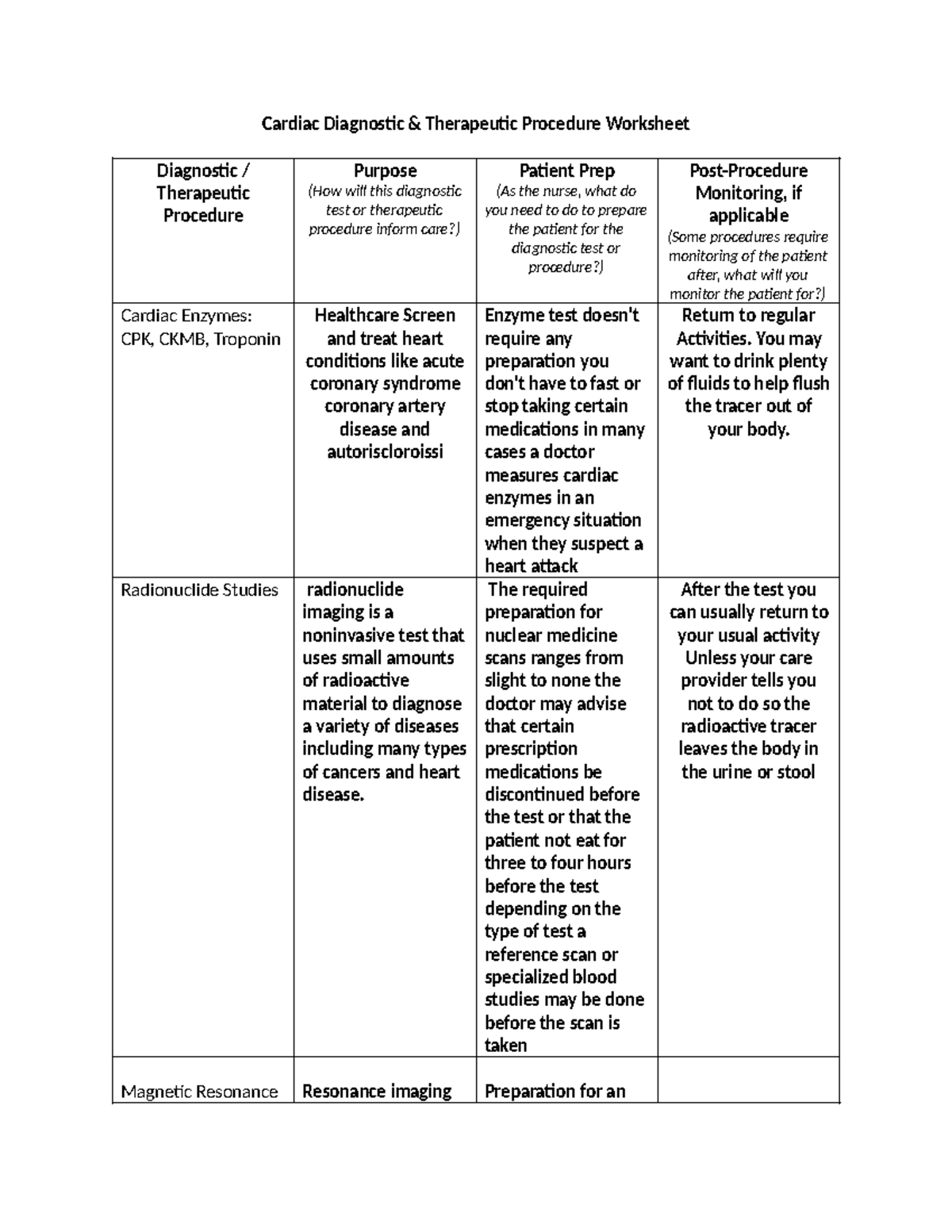 Cardiac Diagnostic-Therapeutic Procedure Worksheet (CPK, CKMB, Troponin ...