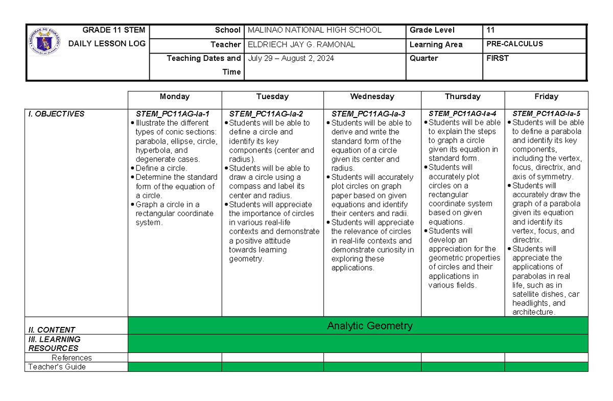 Pre-Calculus Lesson Plan: Week 1 - Conic Sections Introduction - Studocu