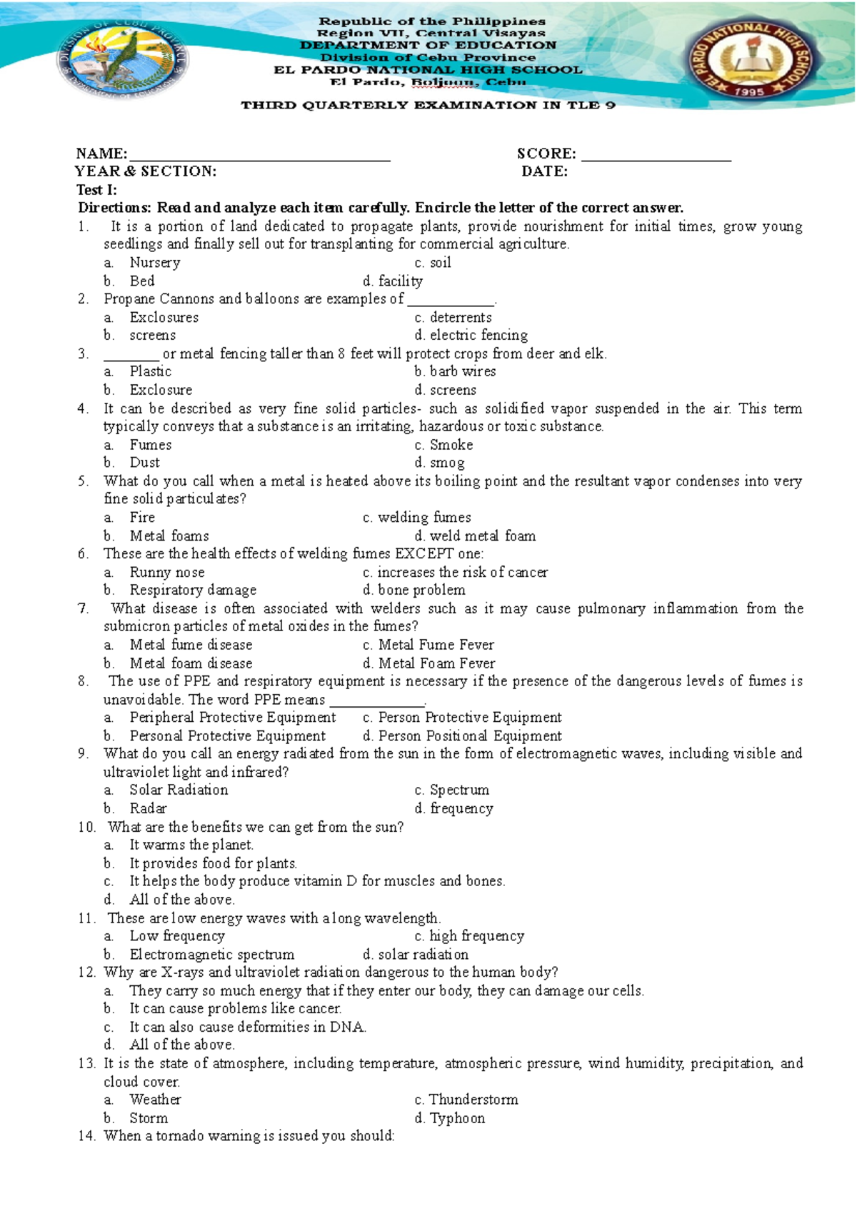 TLE 9 3rd Quarter Exam: Test I Review and Analysis Guide - Studocu