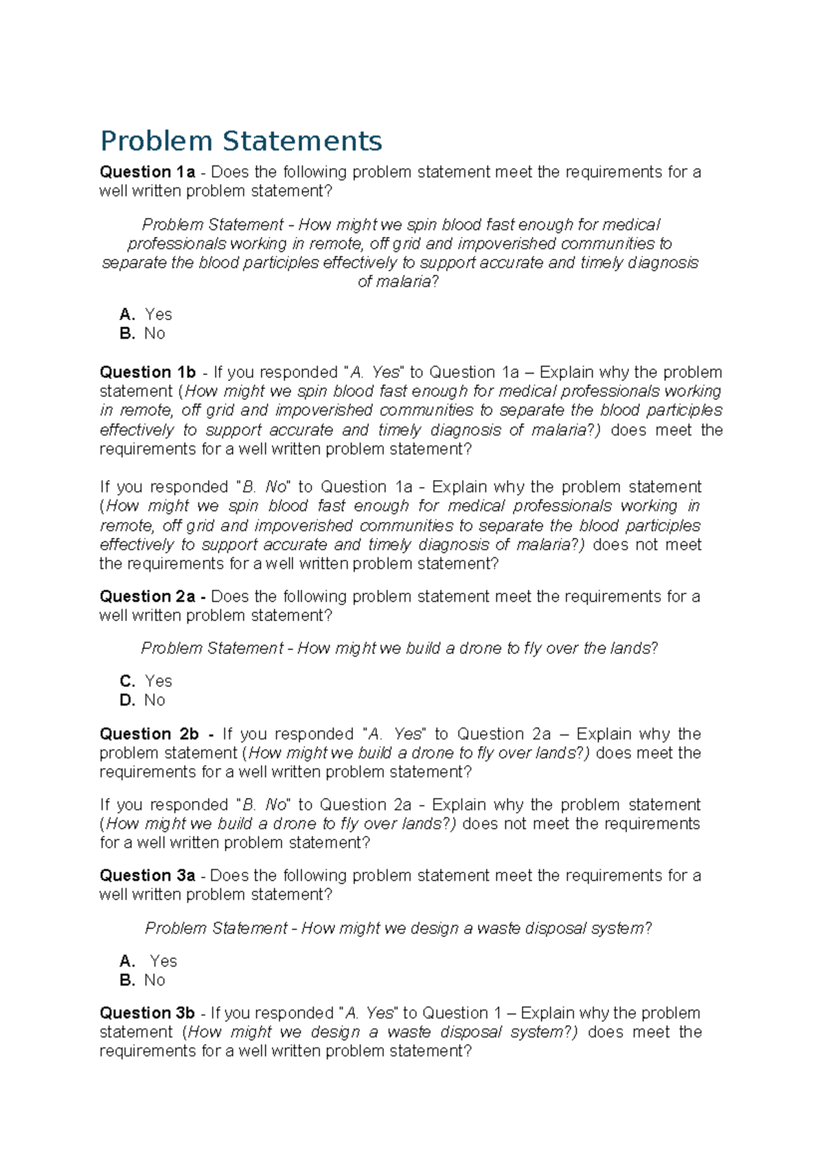 Problem Statements Examples for Evaluation and Analysis - Studocu