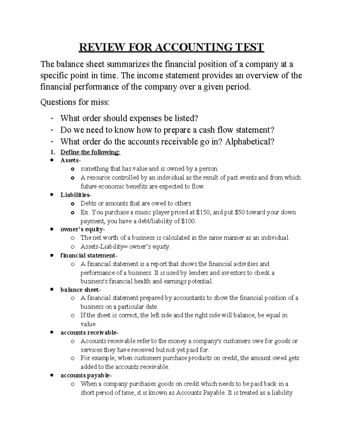 Business Ch.9 Accounting Test Review Notes - Studocu