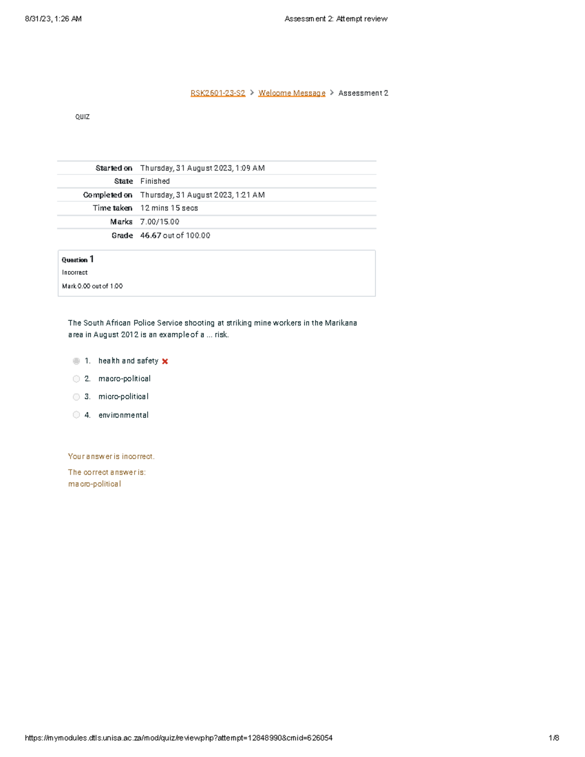 RSK2601-23-S2: Assessment 2 Review and Quiz Results Summary - Studocu