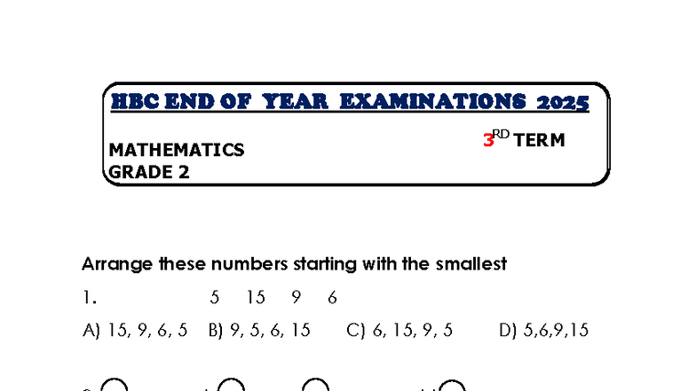 HBC GRADE 2 END OF YEAR EXAMINATION 2025 - MATHEMATICS, ENGLISH ...