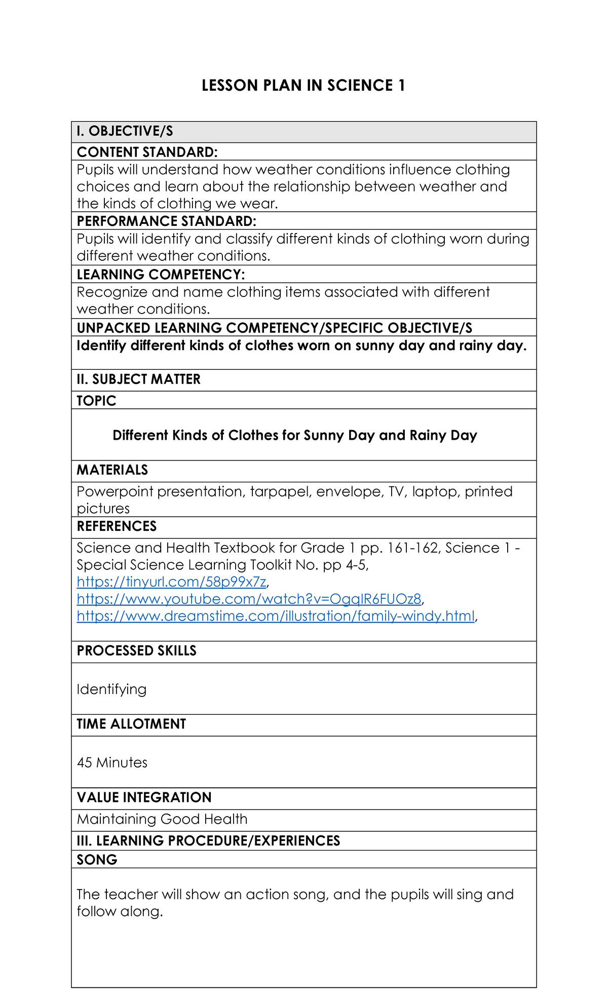 Grade 1 Science Lesson on Clothing for Sunny and Rainy Days - Studocu