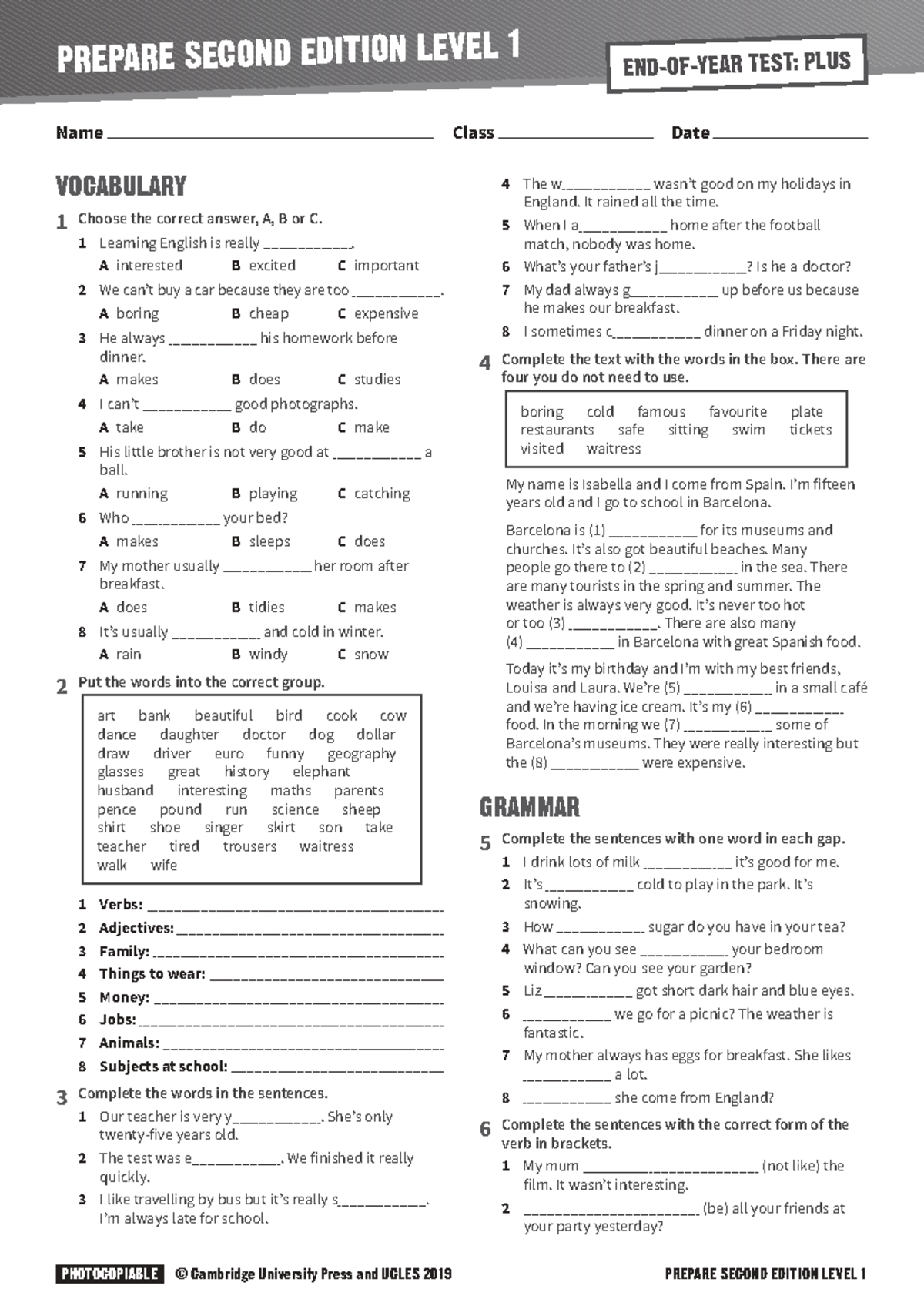 Prepare Level 1 A1 Vocabulary & Grammar Practice - Studocu