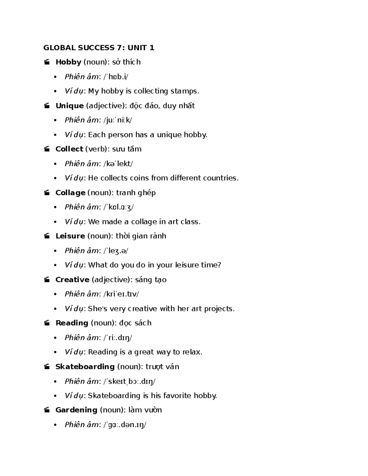 Unit 1 grade 7 - Vocabulary - GLOBAL SUCCESS 7: UNIT 1 Hobby (noun): sở ...