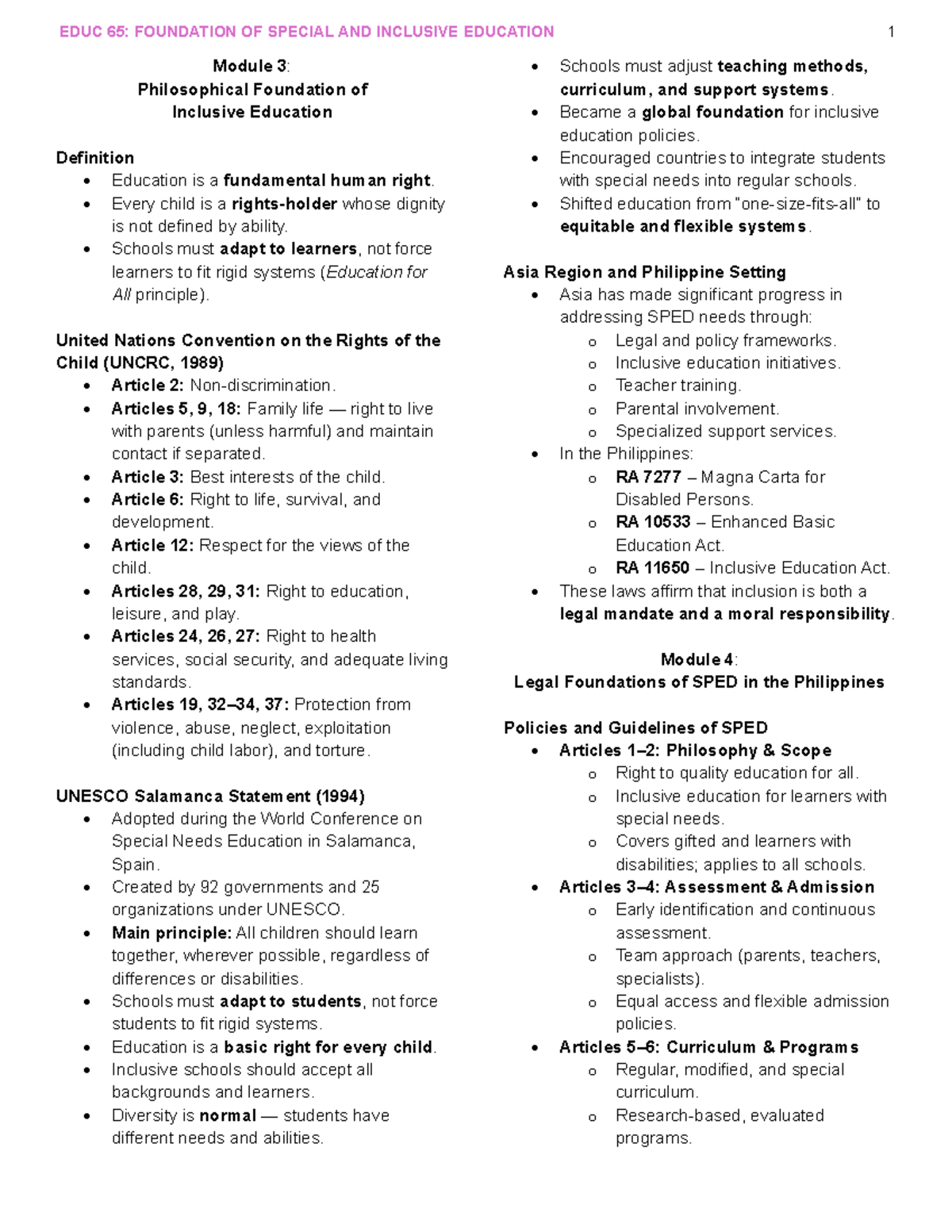 EDUC 65: Module 3 & 4 Review on Inclusive Education Foundations - Studocu