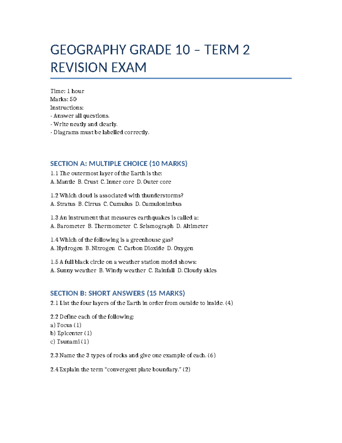 GEOGRAPHY GRADE 10 TERM 2 REVISION EXAM PAPER - Studocu