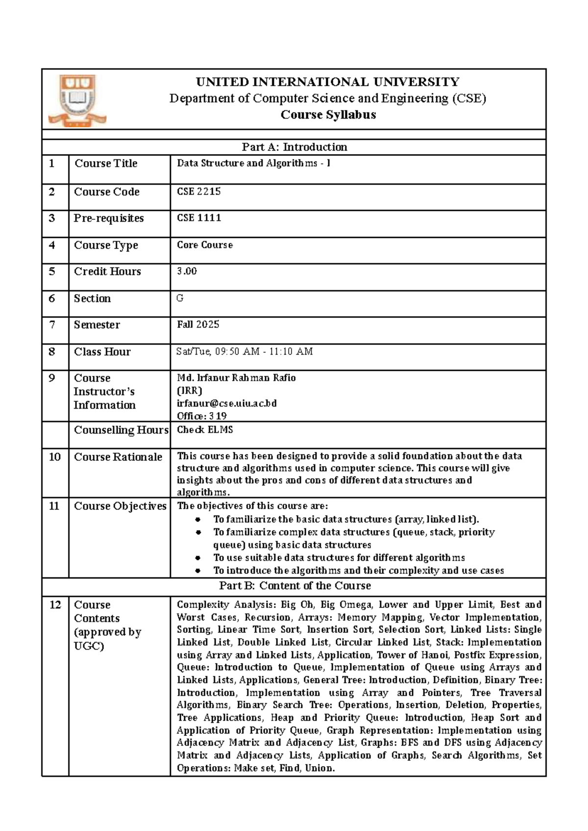 CSE 2215: Data Structures and Algorithms I Course Outline - Studocu