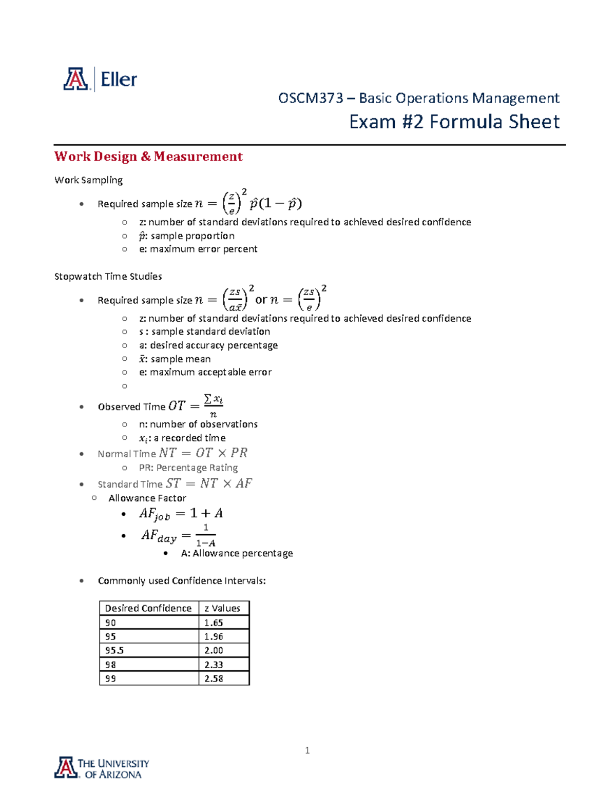 OSCM373 – Basic Operations Management Exam #2 Formula Sheet - 95 1. 95 ...