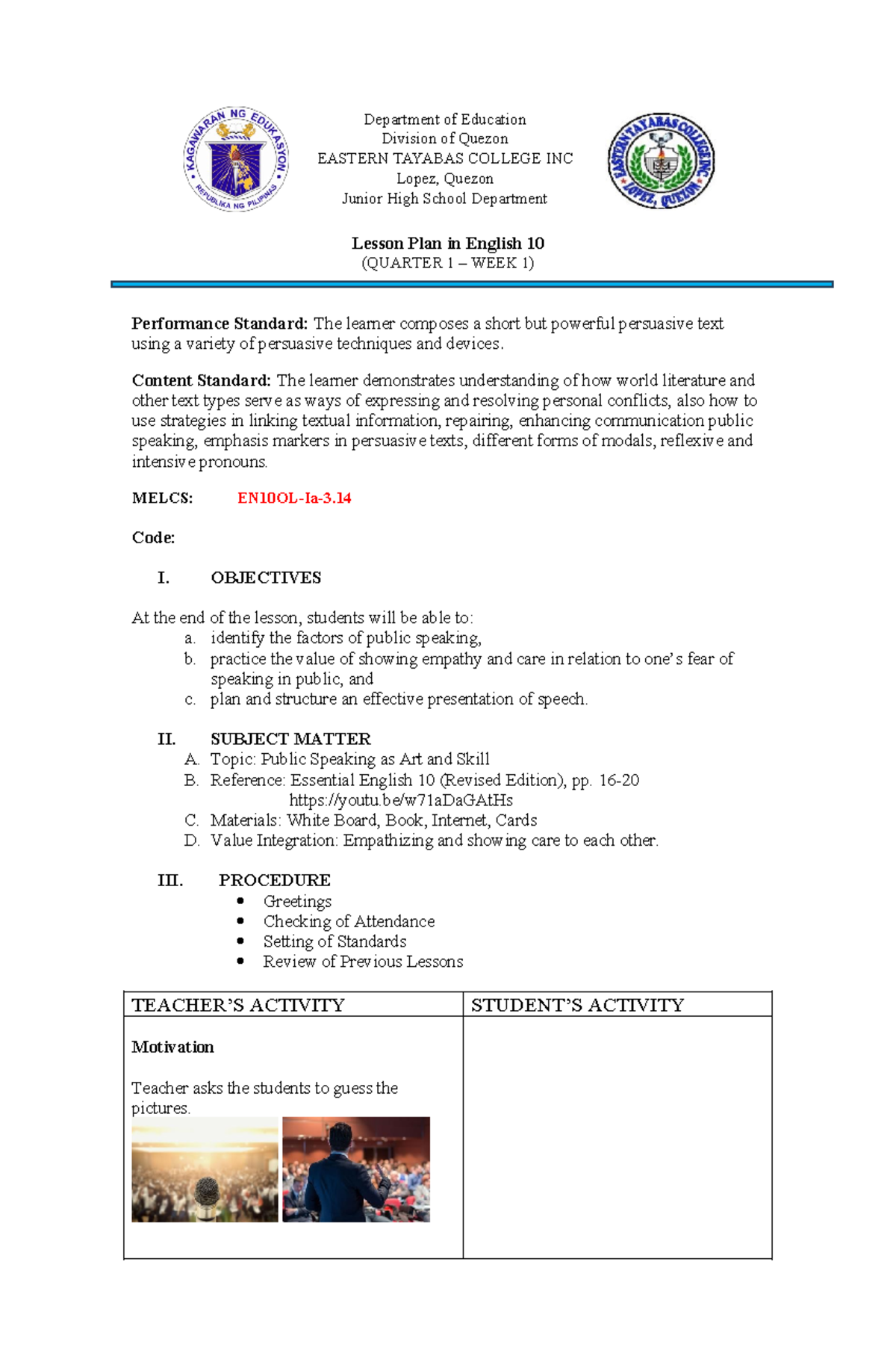 LP - Public Speaking Lesson Plan for English 10 - 1st Quarter - Studocu