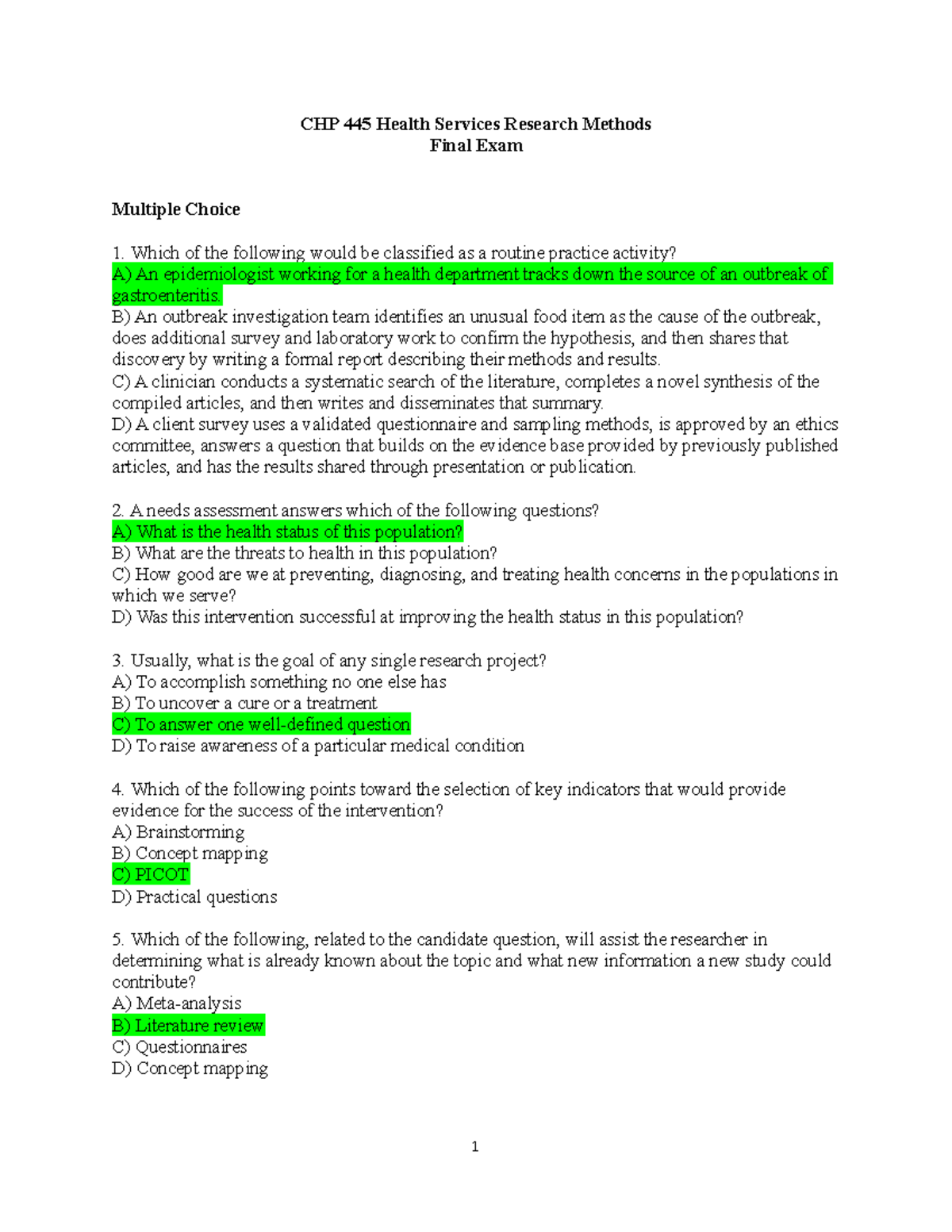 Final Exam - CHP 445 Health Services Research Methods - Studocu