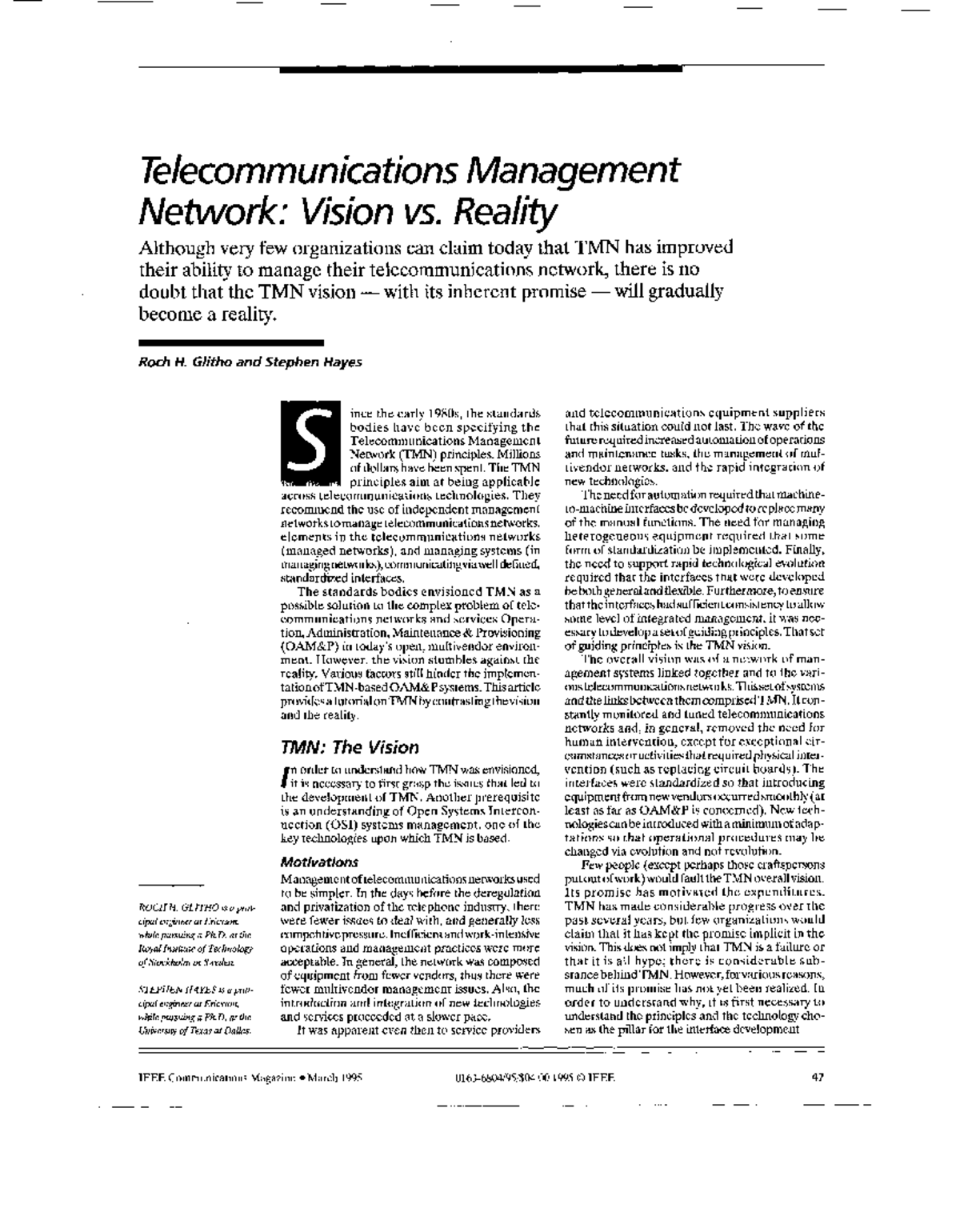 Telecommunications Management Network (TMN): Vision vs. Reality ...