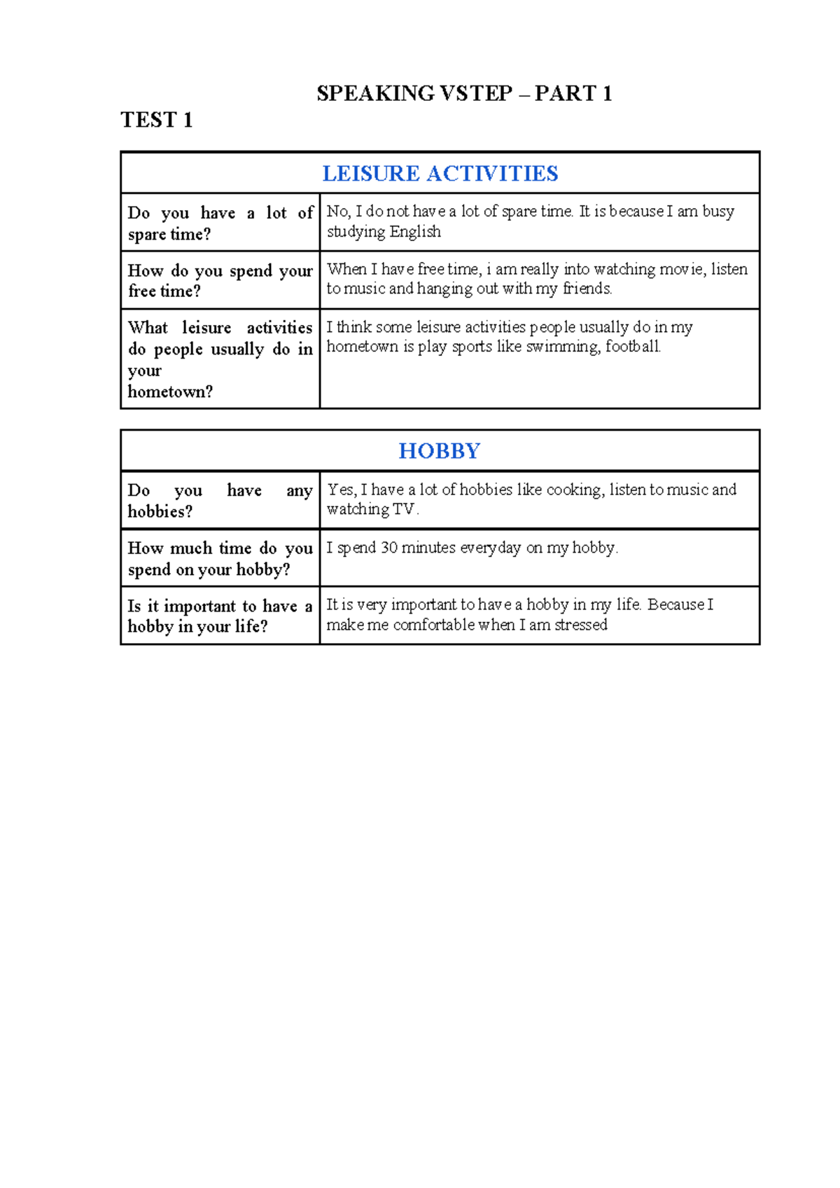 SPEAKING VSTEP PART 1 TEST 1: LEISURE ACTIVITIES & HOBBIES - Studocu