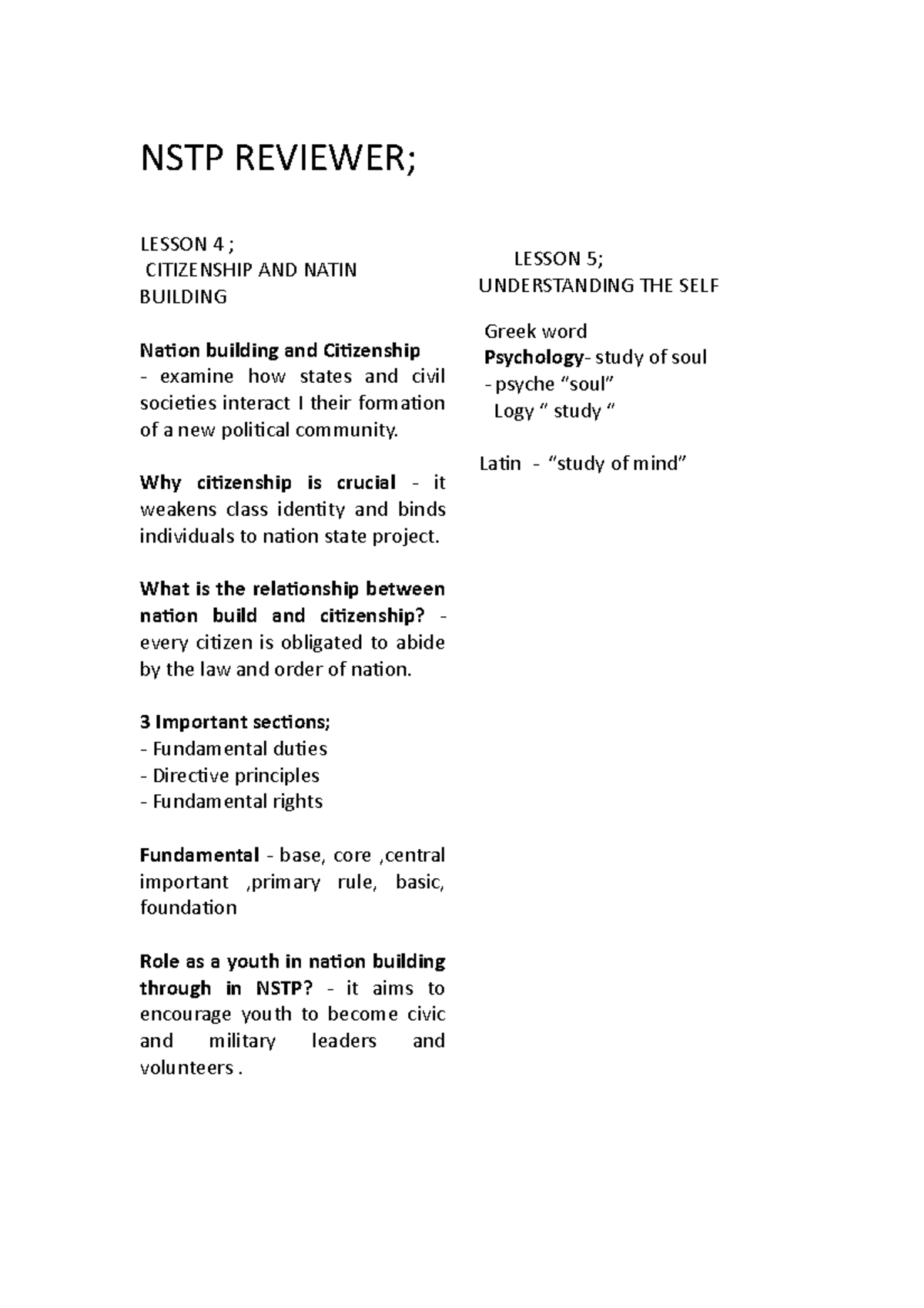 NSTP Reviewer - please - NSTP REVIEWER; LESSON 4 ; CITIZENSHIP AND ...
