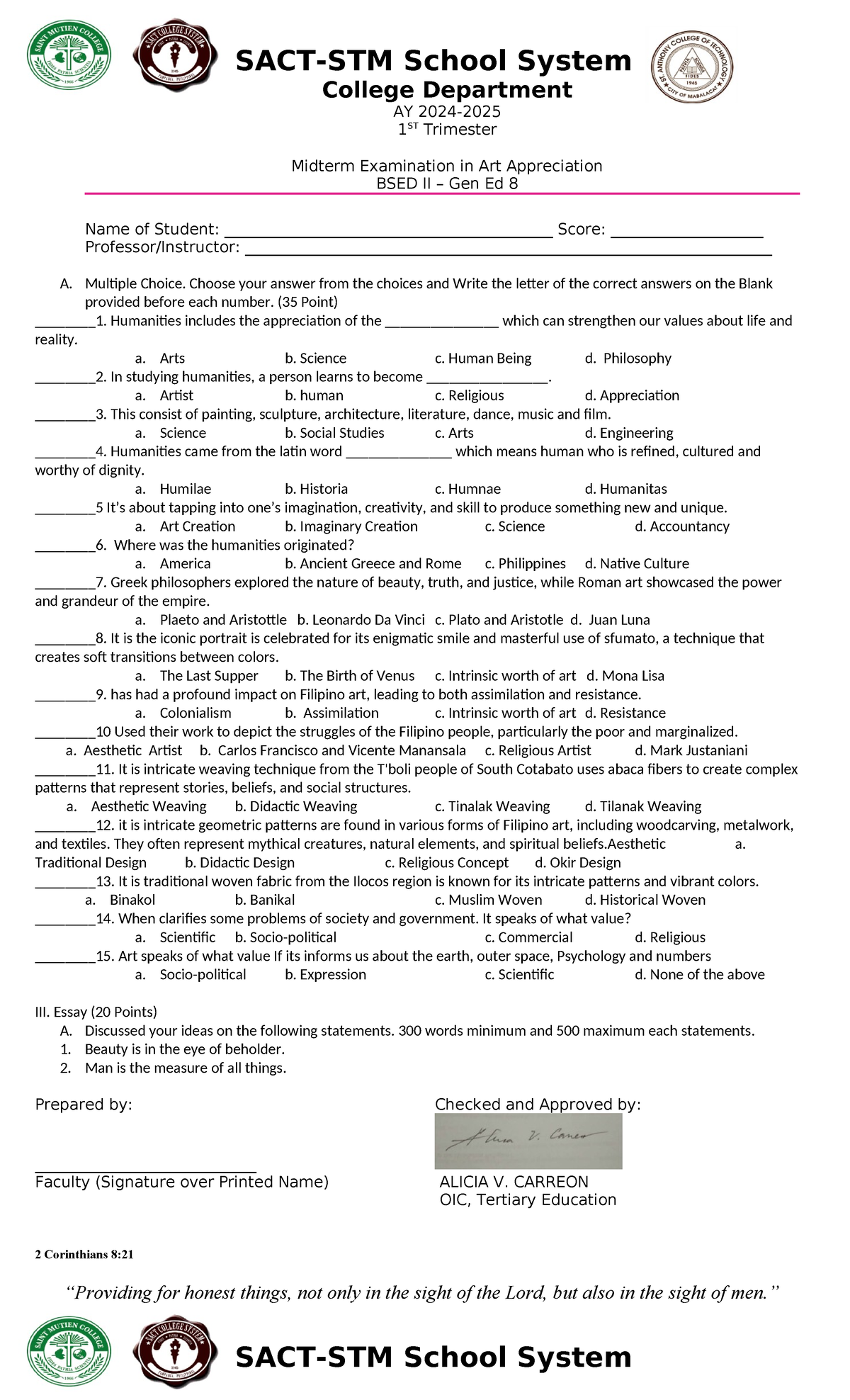 The Exam is eassy - SACT-STM School System College Department AY 2024 ...