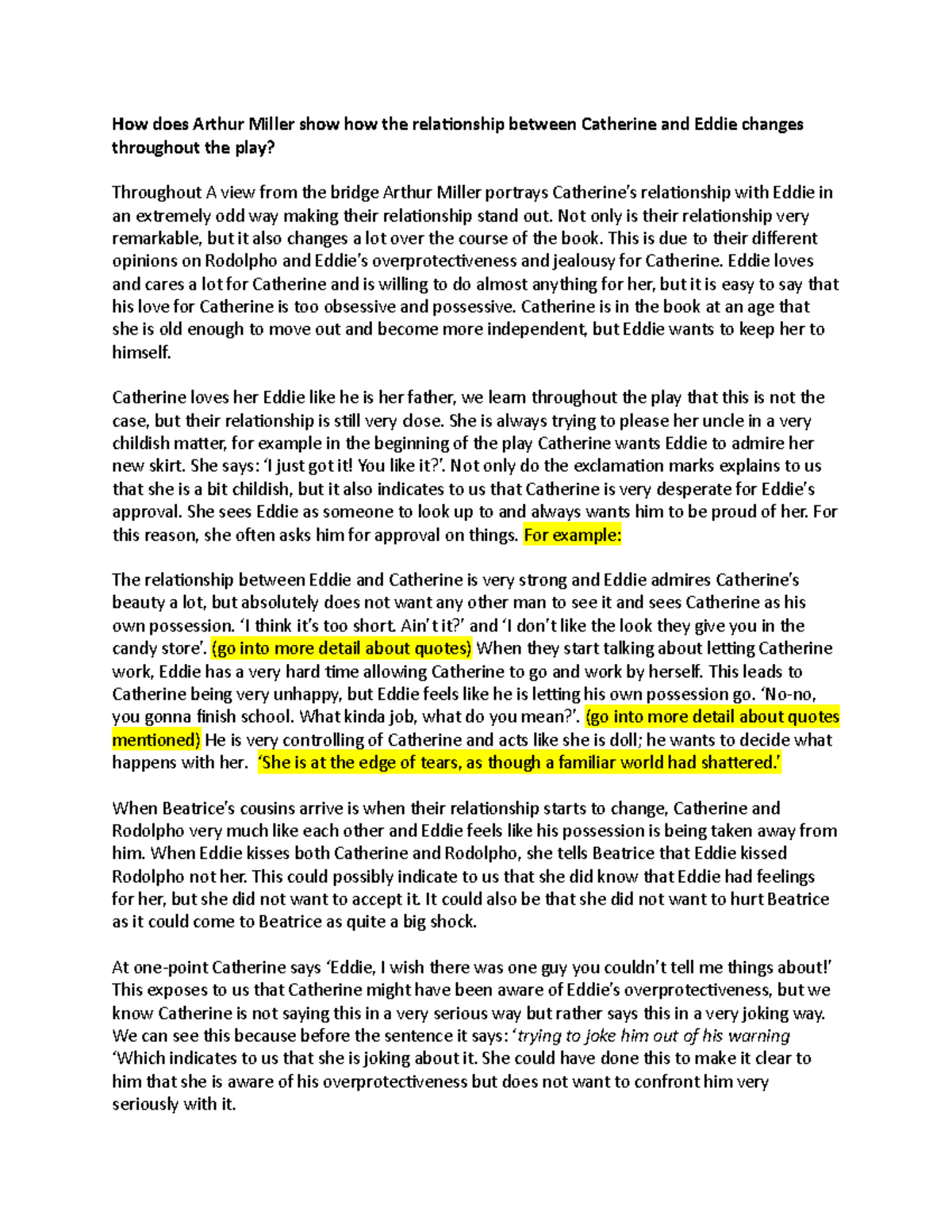 Critical Analysis of Catherine and Eddie's Evolving Relationship in A ...