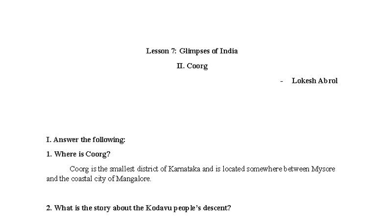 Lesson 7: Coorg - Insights into Culture and Geography - Studocu