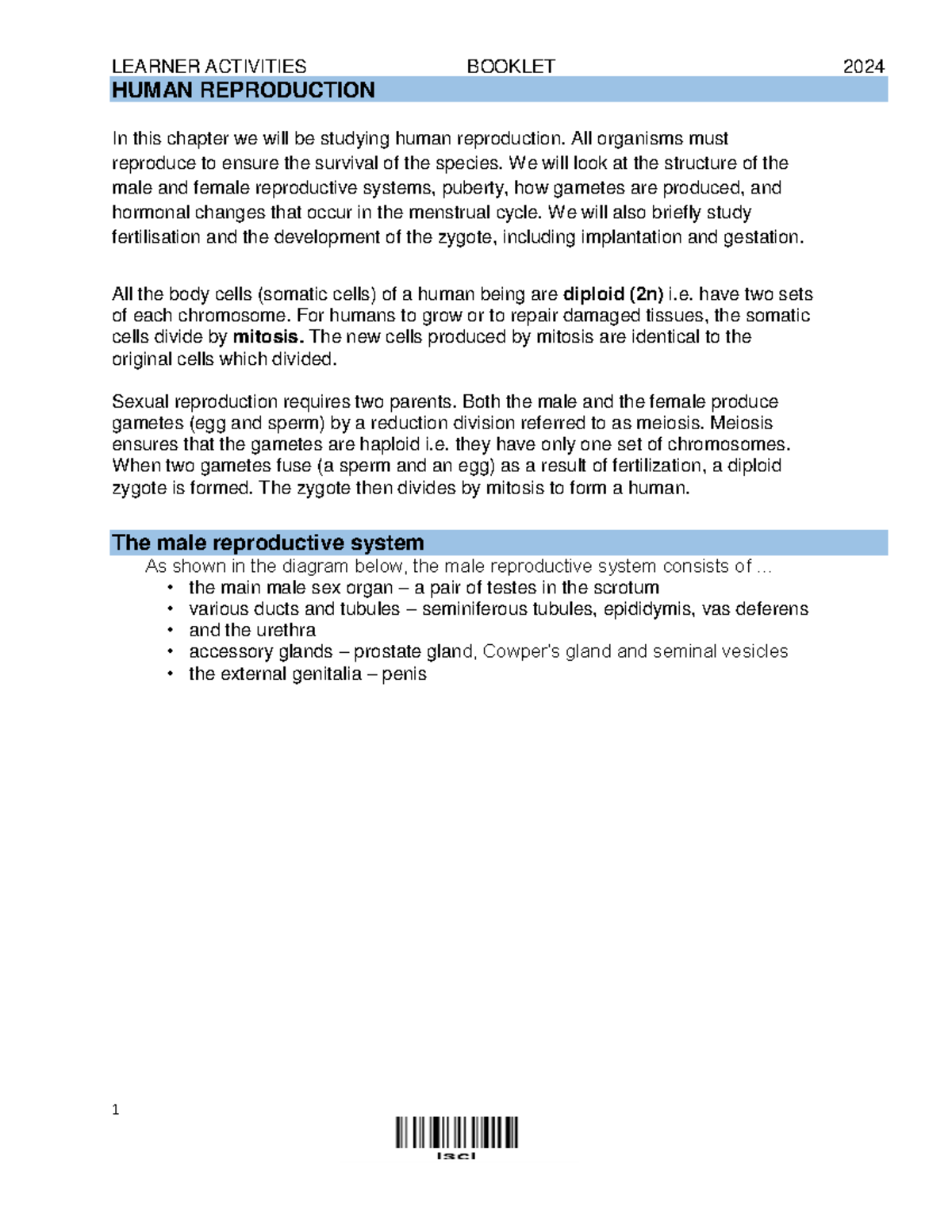 LIFE Sciences Learner Activities Booklet: Human Reproduction 2024 - Studocu