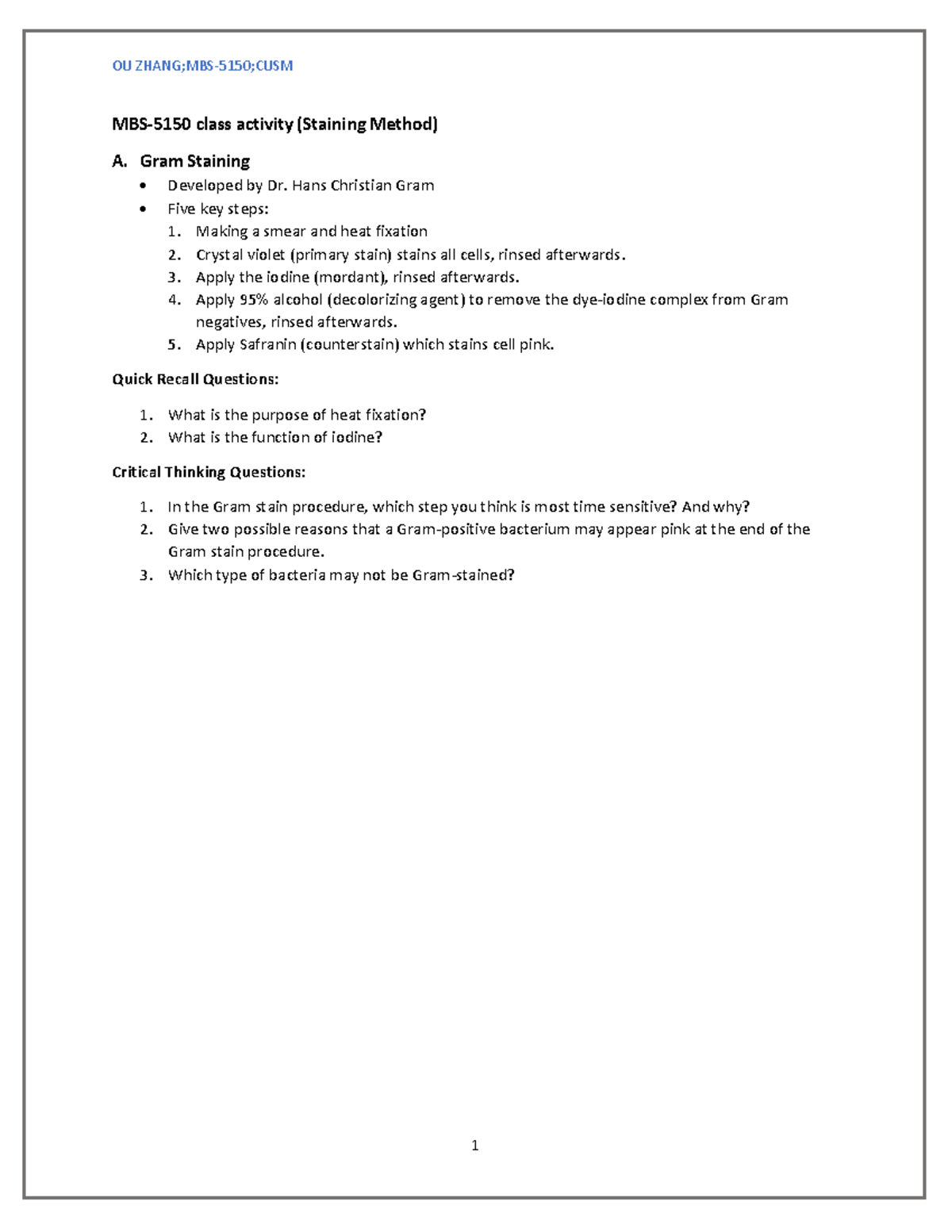 OU Staining Methods Student Worksheet: Gram & Acid-Fast Techniques ...