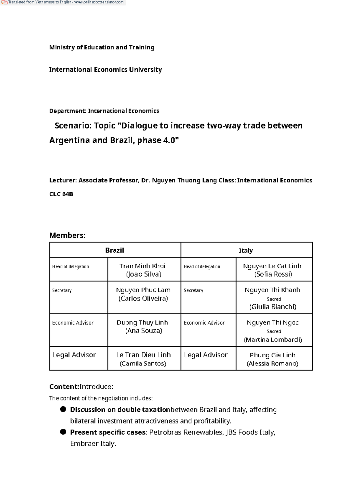 Negotiation Script: DTA Agreement Between Brazil and Italy - CLC 64B ...