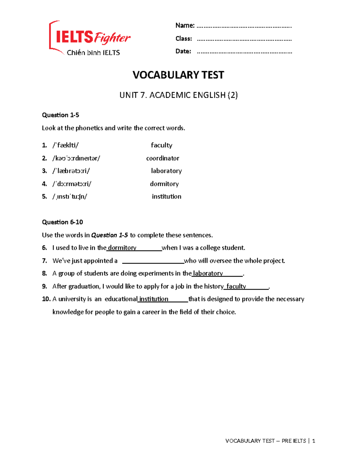 Vocab TEST 19. UNIT 7. Listening. Academic English - VOCABULARY TEST ...