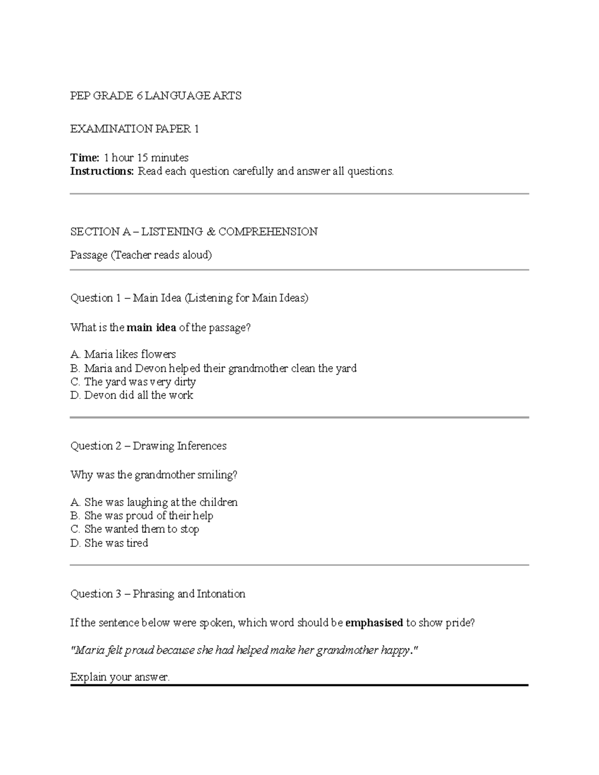 PEP GRADE 6 LANGUAGE ARTS MOCK EXAMINATION PAPERS - Studocu