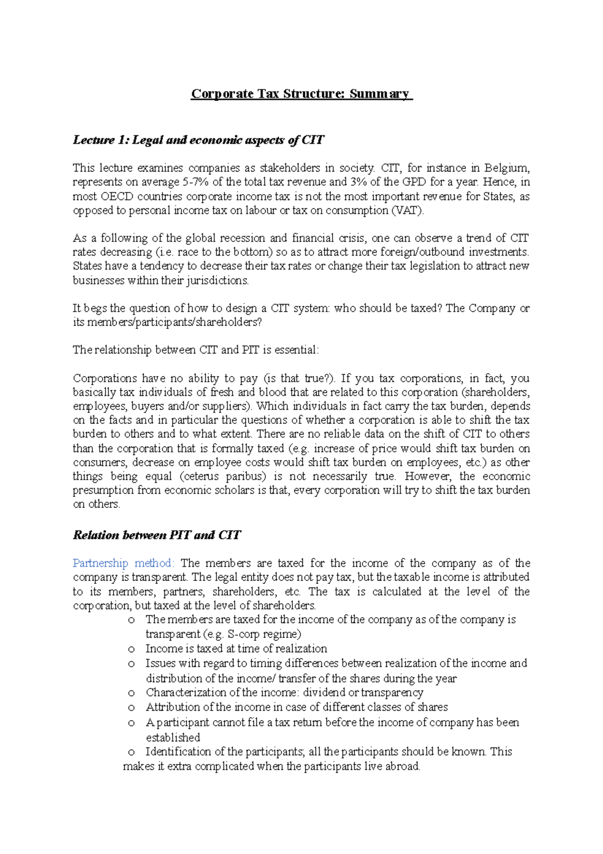 Corporate Tax Structure (CIT) - Lecture & Tutorial Summary Notes ...