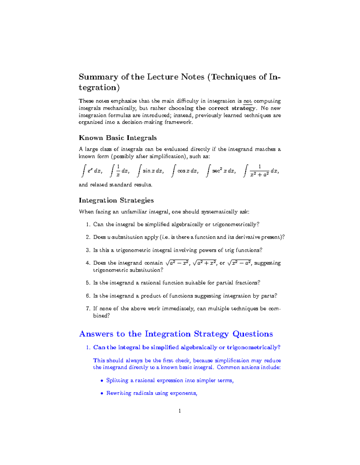MATH1020 Lecture 5 Summary: Techniques of Integration - Studocu