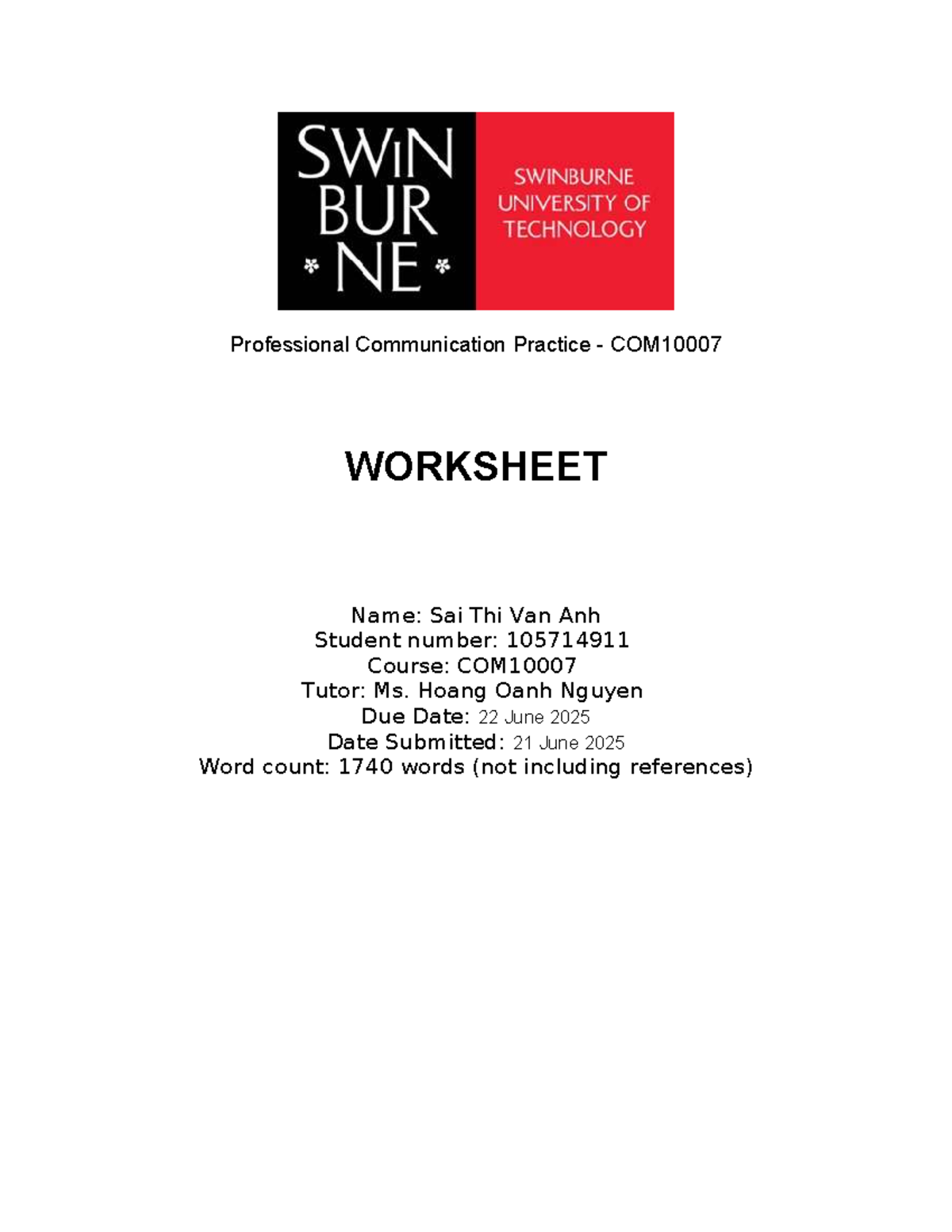 COM10007 Professional Communication Practice Worksheet - Studocu