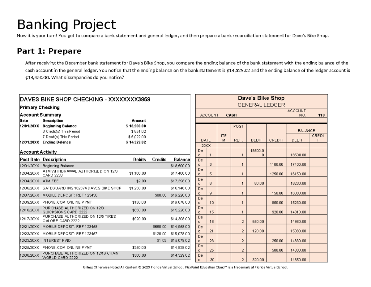 Bank Reconciliation Project for Dave's Bike Shop (Banking 101) - Studocu