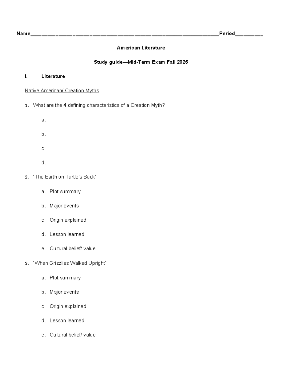 American Literature Midterm Exam Study Guide - Fall 2025 - Studocu