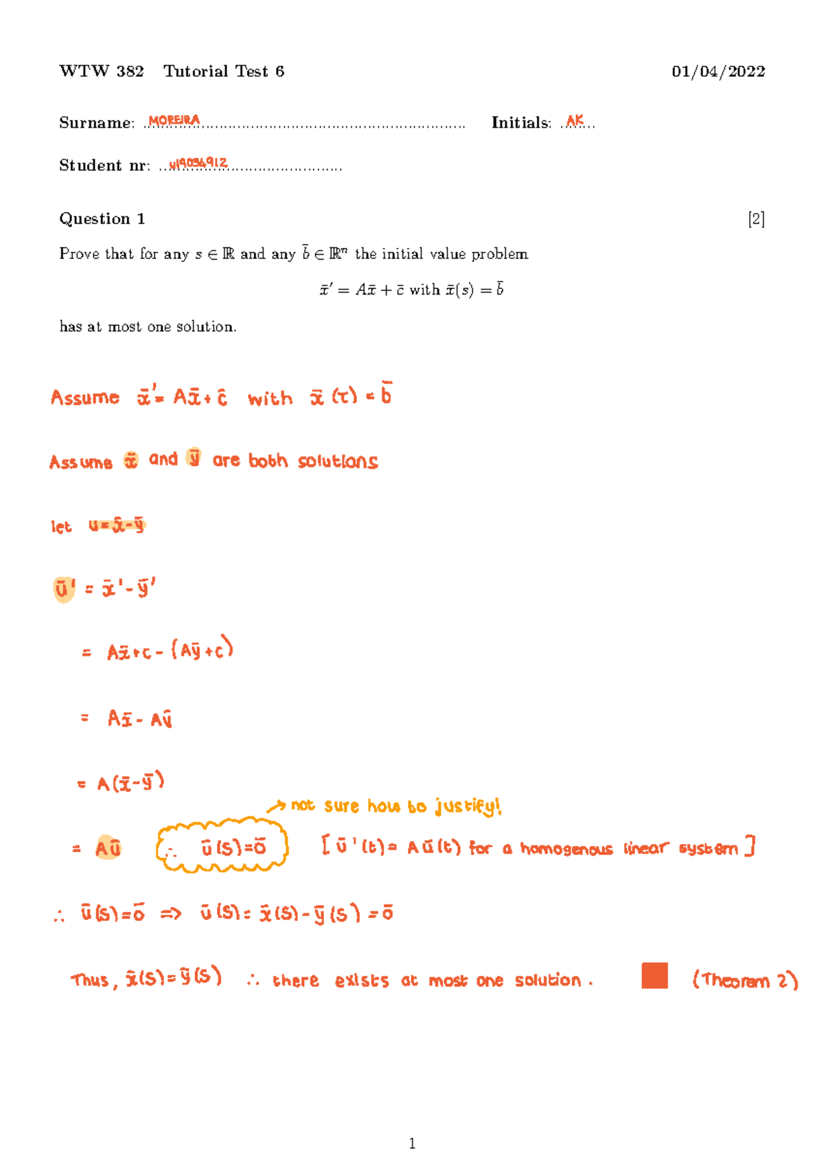 WTW 382 Tutorial Test 6: Proving Uniqueness of Solutions in IVP - Studocu
