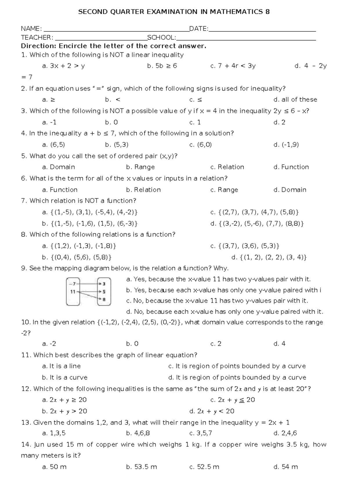 Second Quarter Exam in Mathematics 8: Comprehensive Review - Studocu