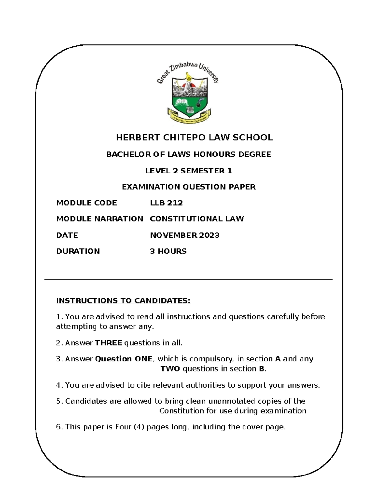 Constitutional Law Exam LLB 212 - November 2023 Question Paper - Studocu