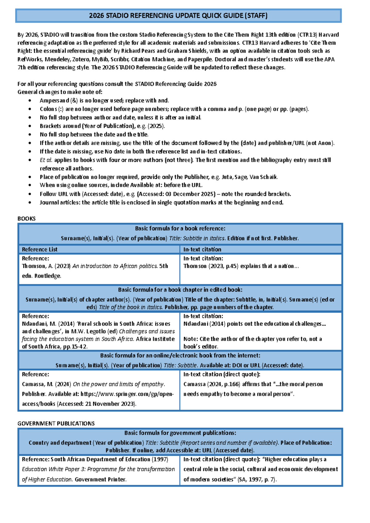 2026 STADIO Referencing Update Quick Guide: CTR13 Cheatsheet for Staff ...