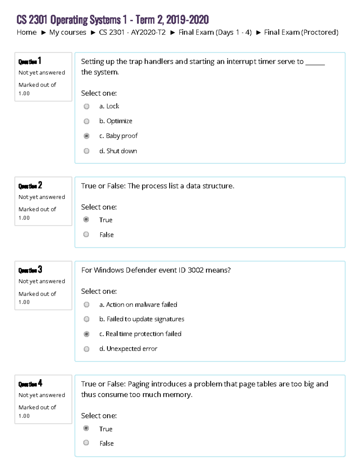 CS2301-Final Exam 100 Percent Grade - Home My courses CS 2301 - AY2020 ...