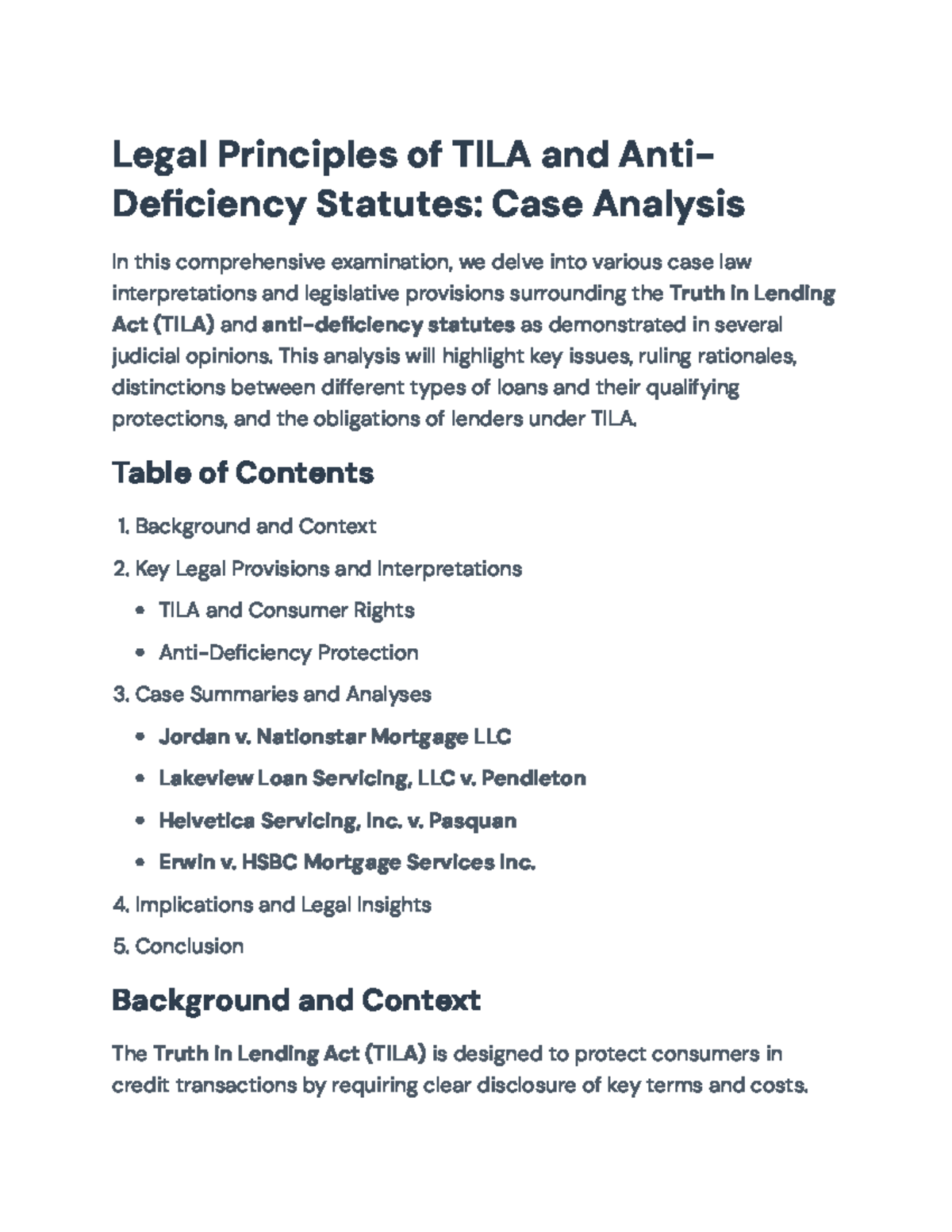 Legal Analysis of TILA and Anti-Deficiency Statutes: Case Studies ...
