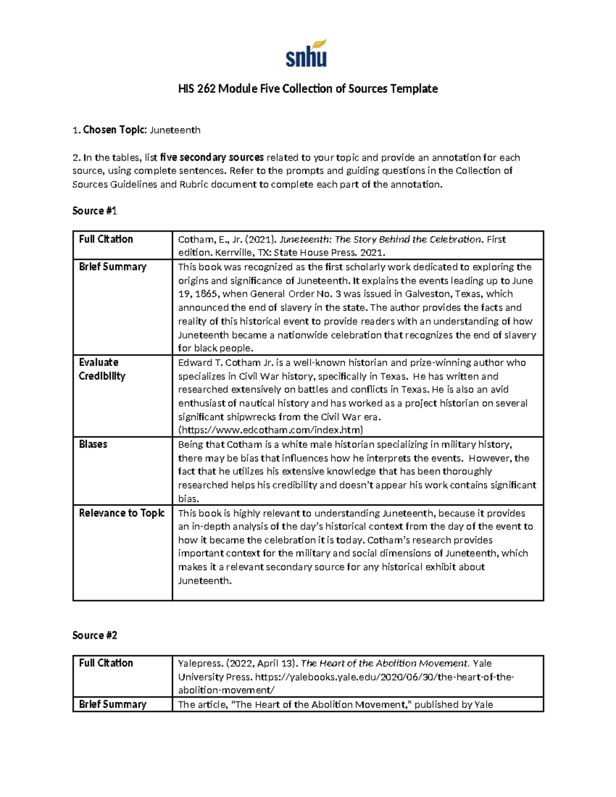 HIS 262 Module Five Annotated Sources on Juneteenth and Its ...