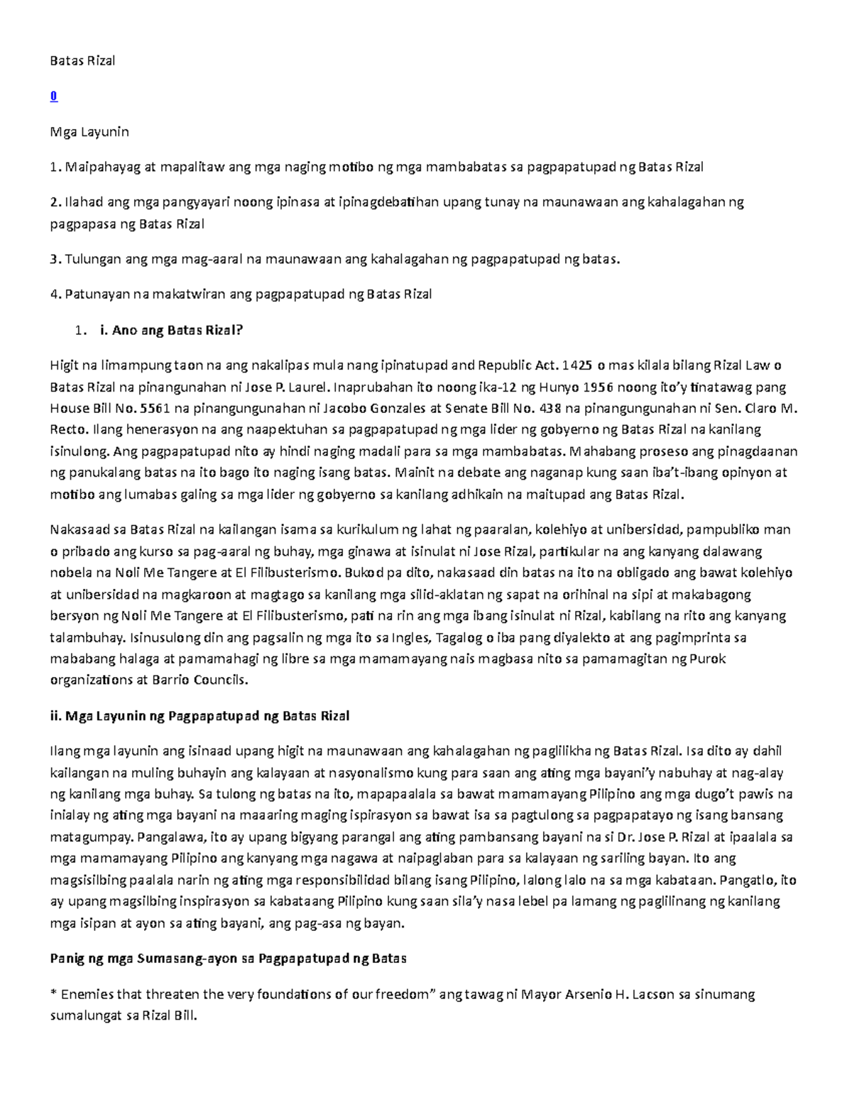 Batas Rizal RA 1425 - Lecture Notes on Implementation and Importance ...