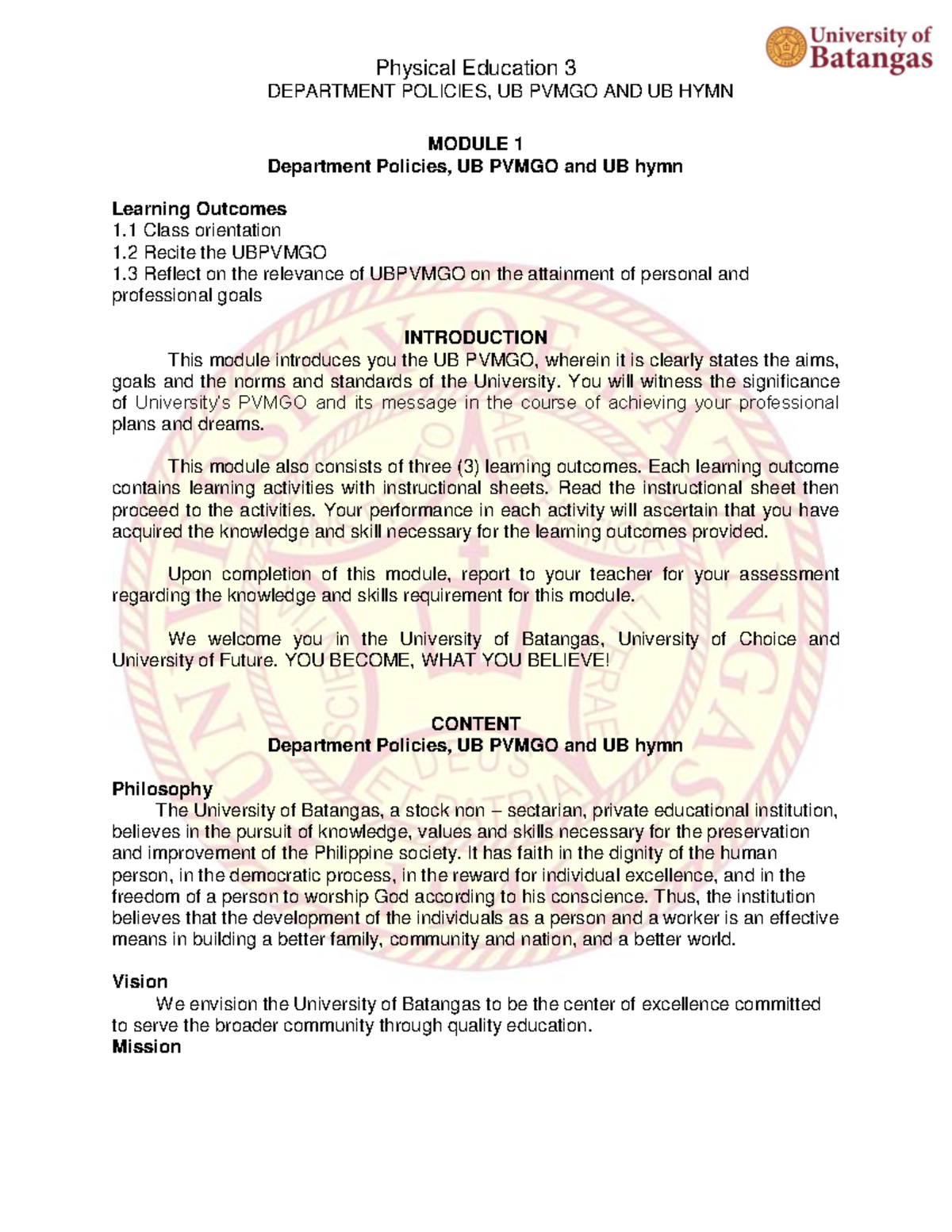 PE 3 - Physical Education Module: UB PVMGO, Core Values & Stretching ...