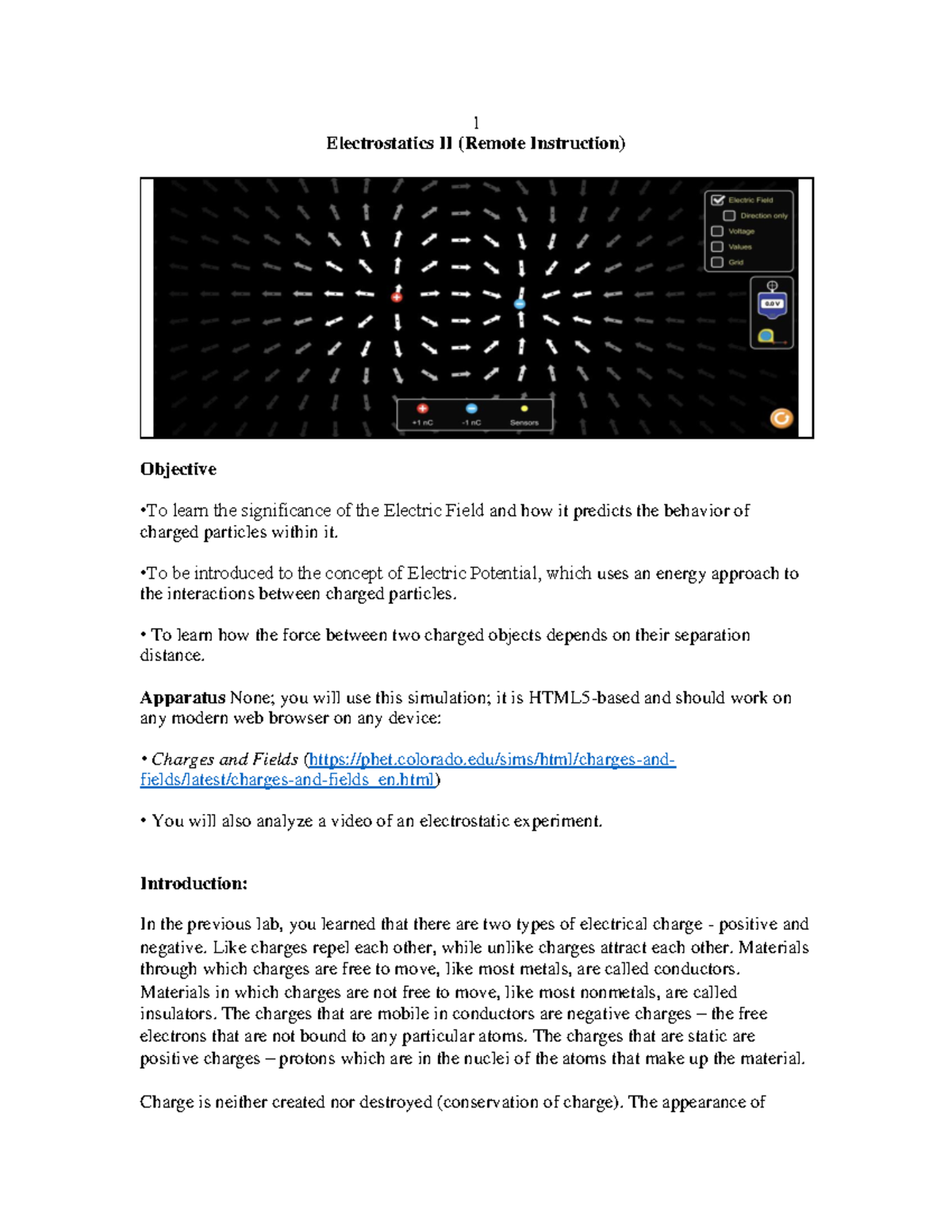 Electrostatics II - Remote Instruction Lab Overview and Analysis - Studocu