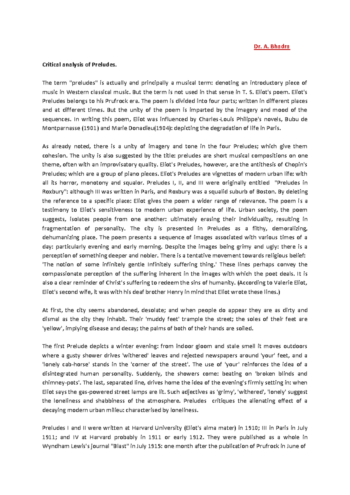 79731 Critical Analysis of T.S. Eliot's Preludes - Studocu