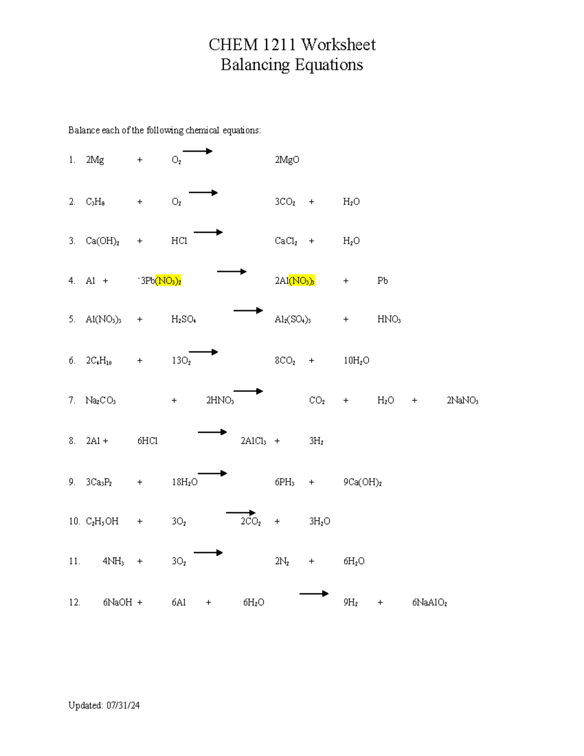Balancing Equations Worksheet 1 - CHEM 1211 Worksheet Balancing Equations Balance each of the ...