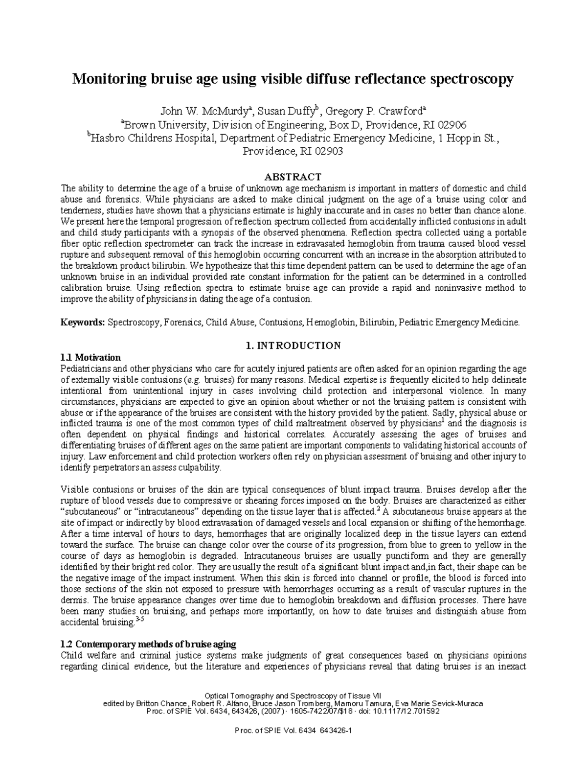 Monitoring Bruise Age via Diffuse Reflectance Spectroscopy (ENG 643426 ...