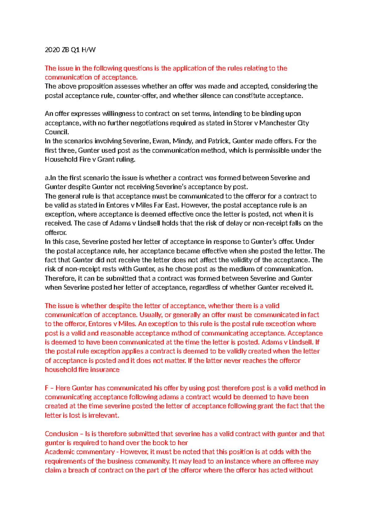 Contract PP Q: Analyzing Postal Acceptance Rules and Case Law - Studocu