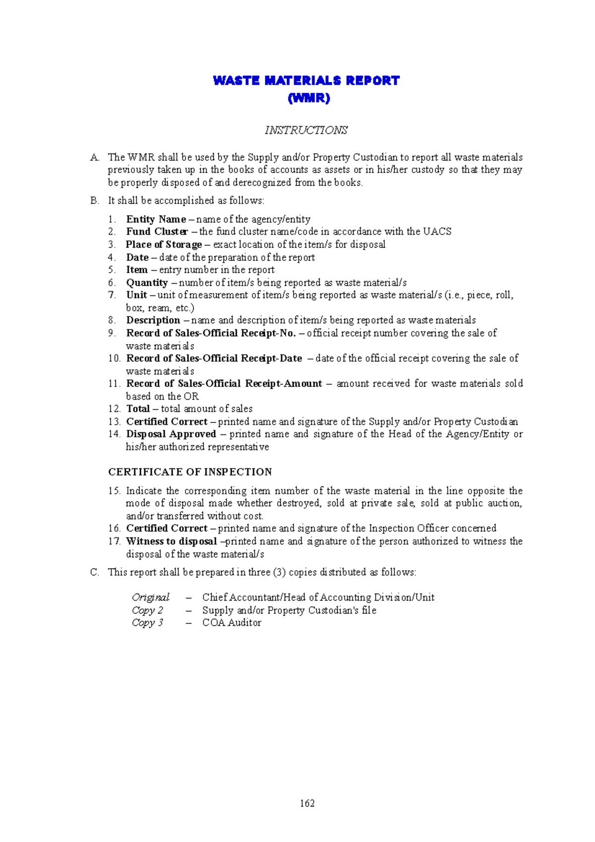 Appendix 65 - Instructions - WMR - WASTE MATERIALS REPORT (WMR ...
