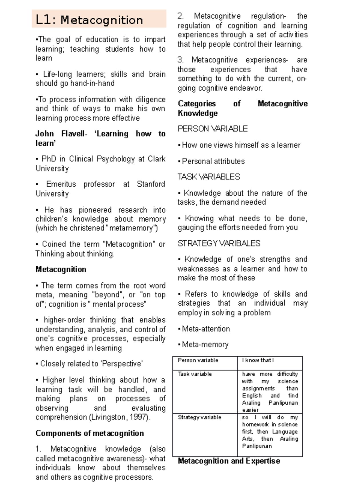 FLCT (EDUC 201) - Understanding Metacognition in Learner-Centered Teaching - Studocu