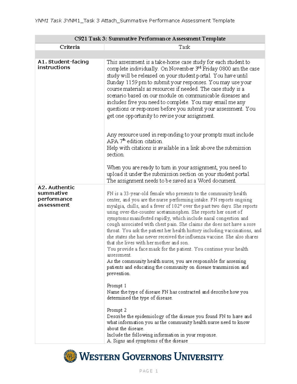 C921 Summative Performance Assessment: Communicable Diseases Case Study ...