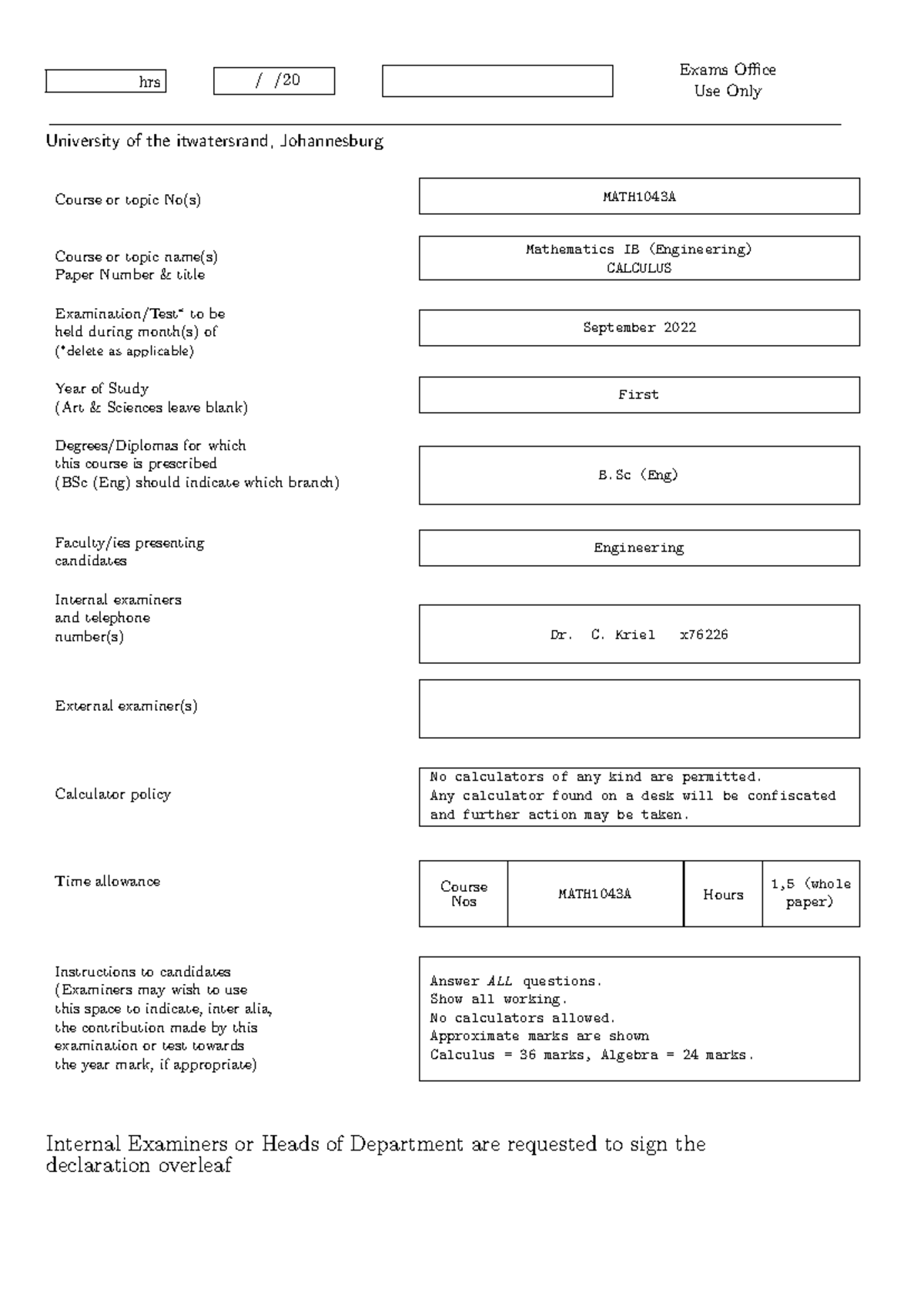 MATH1043A Final Exam: Mathematics IB (Engineering) Calculus Sept 2022 ...